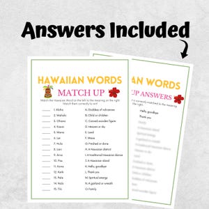 Hawaiian Word Match Up, Hawaii Trivia, Luau Party Games, Aloha Party ...