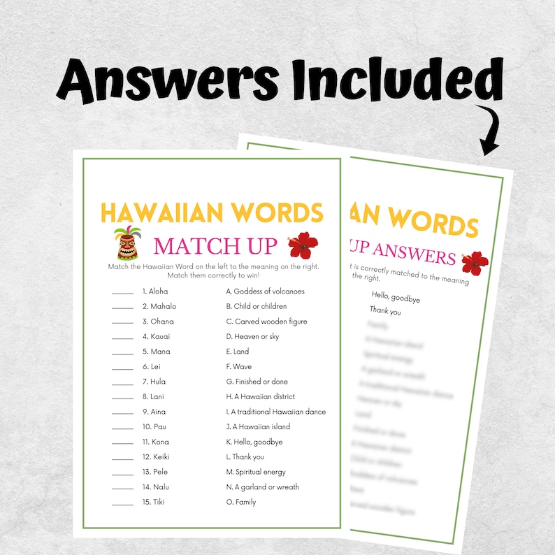 Hawaiian Word Match Up, Hawaii Trivia, Luau Party Games, Aloha Party ...