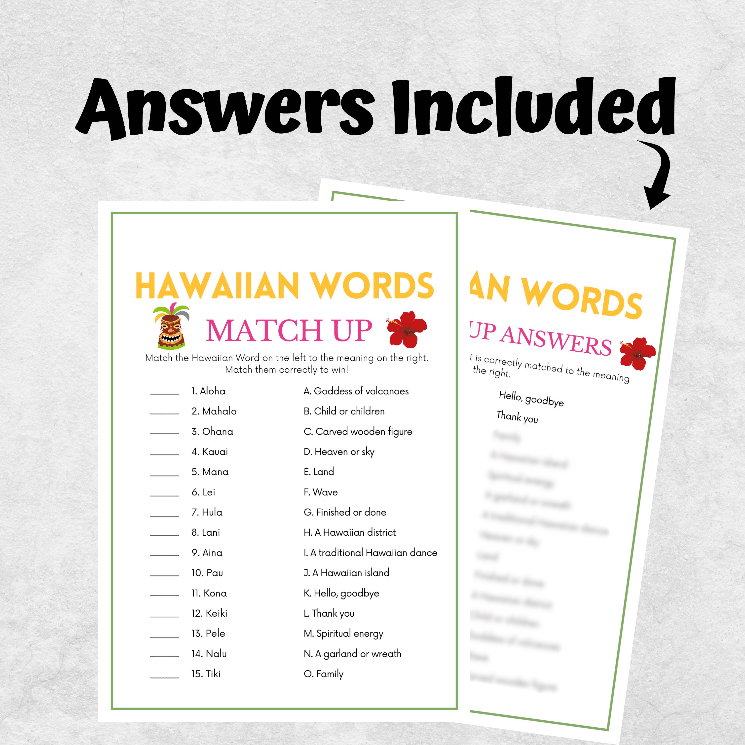 Hawaiian Word Match Up, Hawaii Trivia, Luau Party Games, Aloha Party ...