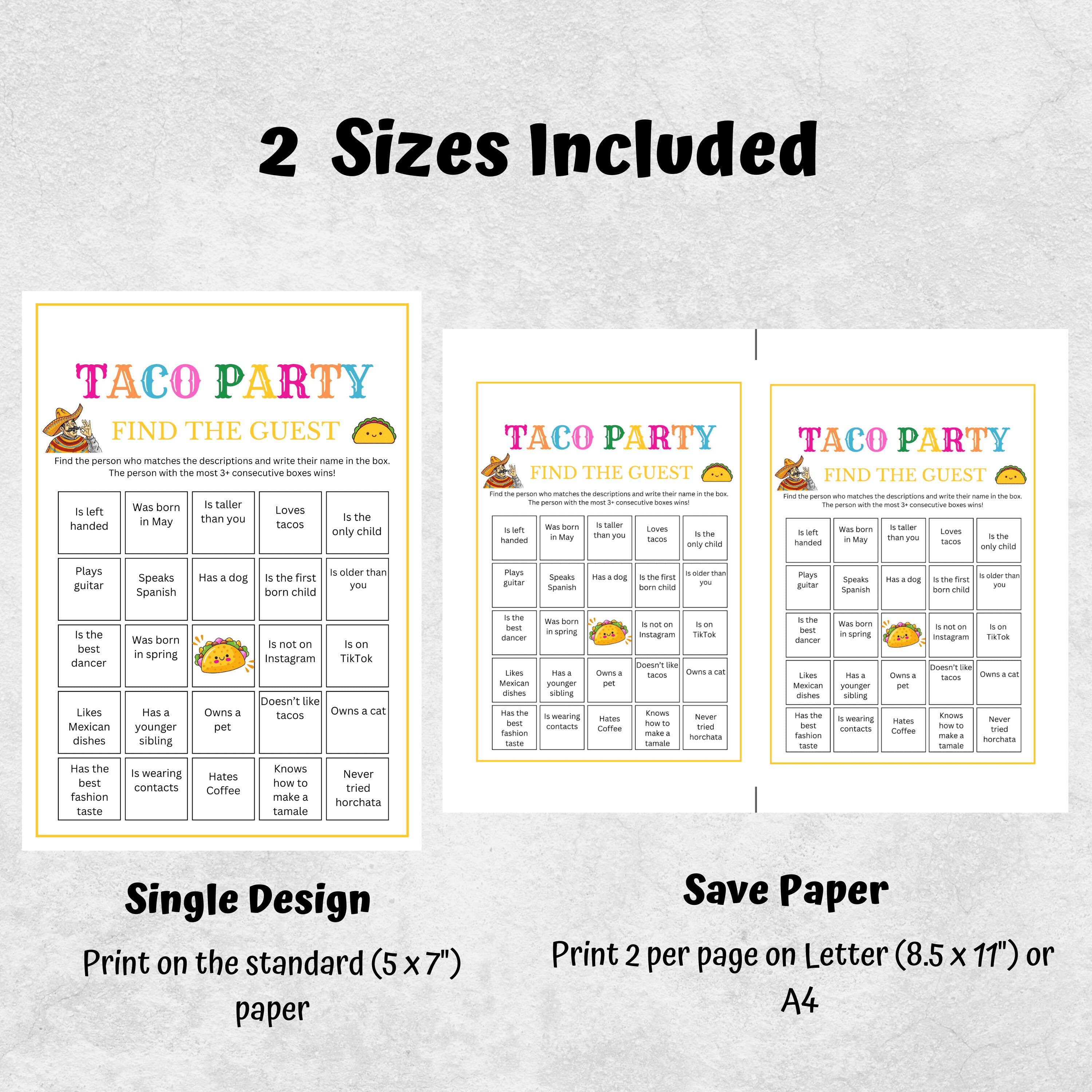 Taco Party Games, Find the Guest BINGO, Taco Games, Mix and Mingle ...