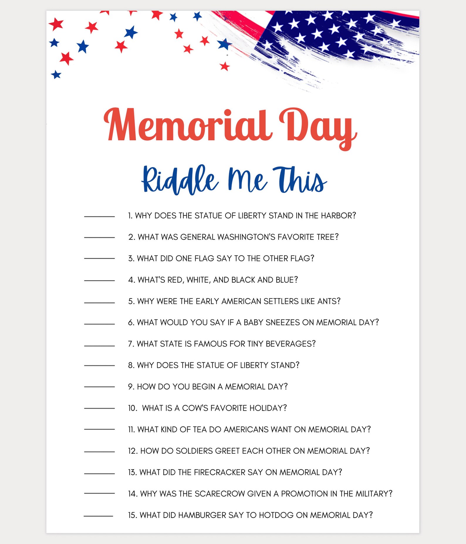 Memorial Day Riddle Me This, Memorial Day Games, Memorial Day Riddles ...