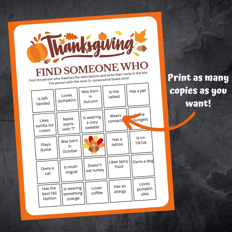 Thanksgiving Find Someone Who BINGO, Printable Thanksgiving Games ...