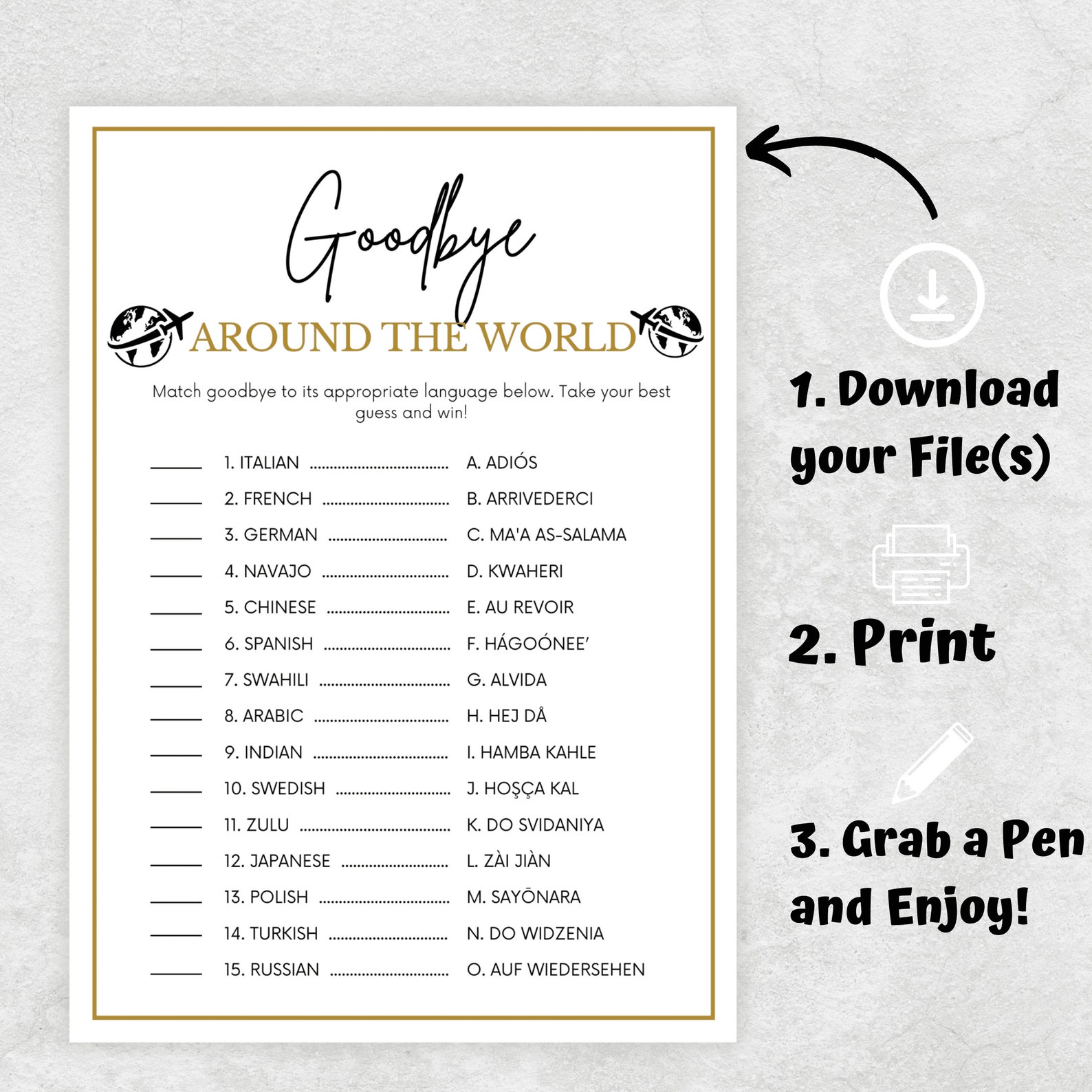 Goodbye Around the World, Match up Game, Going Away Party Games, Going ...