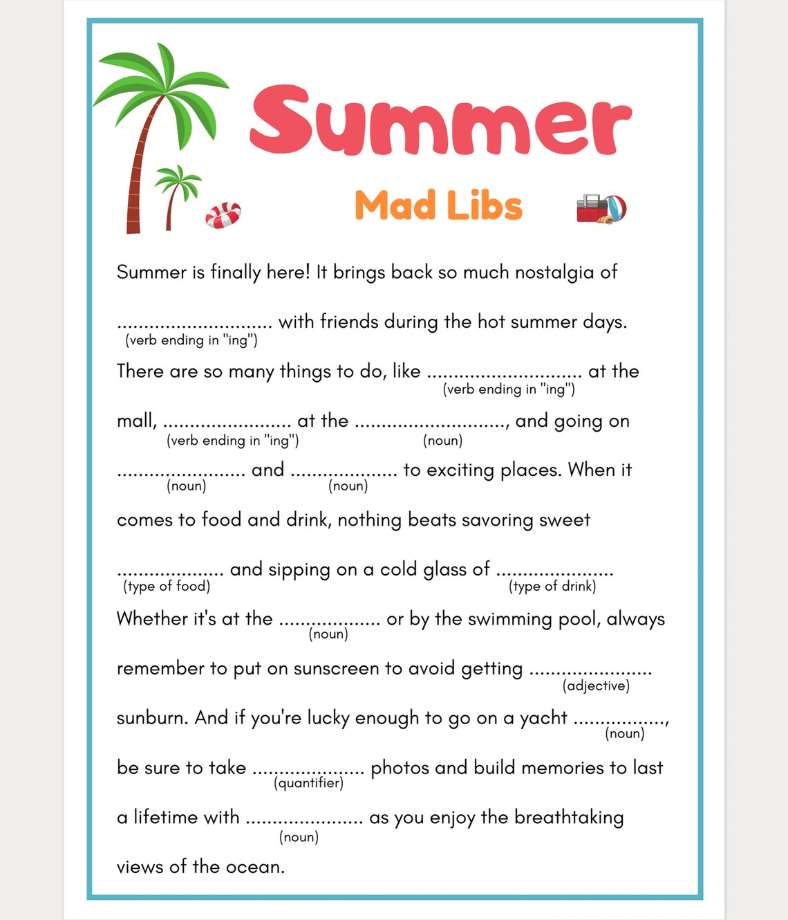 Summer Mad Libs, Summer Games, Summer Games for Kids, Summertime Games ...