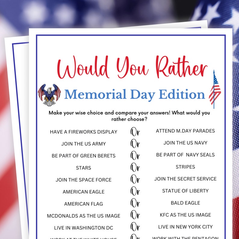 Memorial Day Games, Would You Rather, Memorial Day Party Game ...