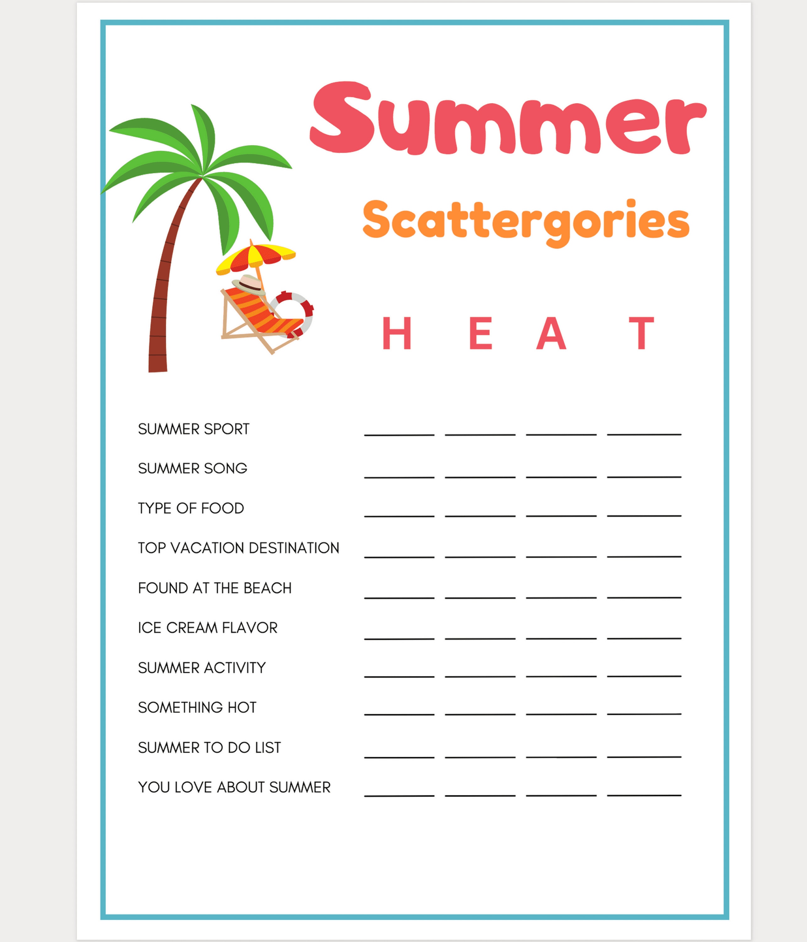 Summer Scattergories Summer Games Summer Party Games Summer - Etsy UK