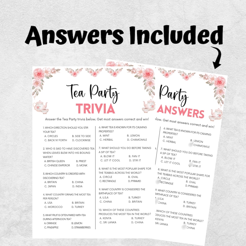 Tea Party Trivia Game: Printable Bridal Shower or Birthday Party (PDF ...
