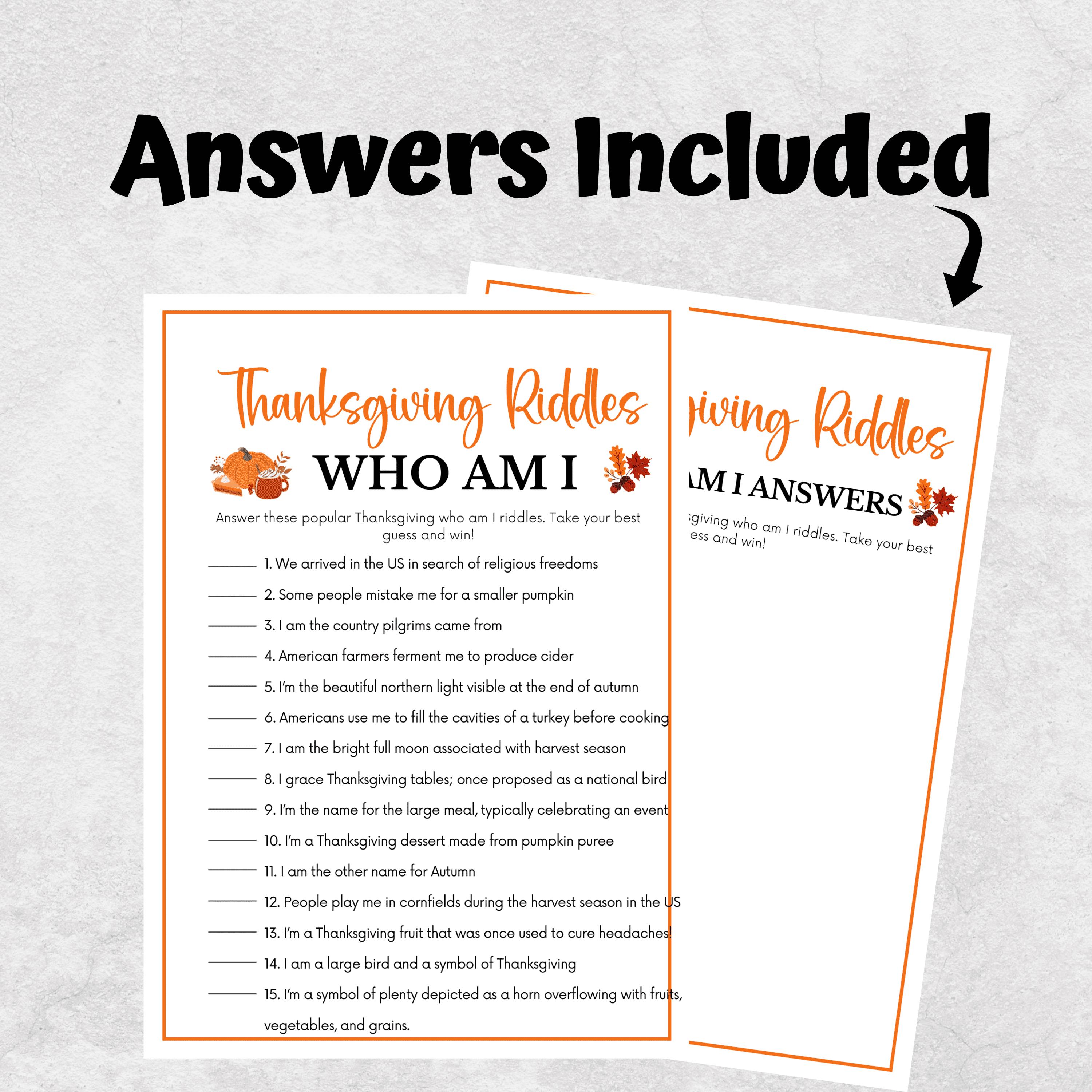 Thanksgiving Who Am I Riddles, Thanksgiving Games, Thanksgiving Party ...