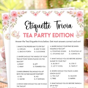 Tea Party Etiquette Trivia Game: Printable Bridal Shower or Ladies ...