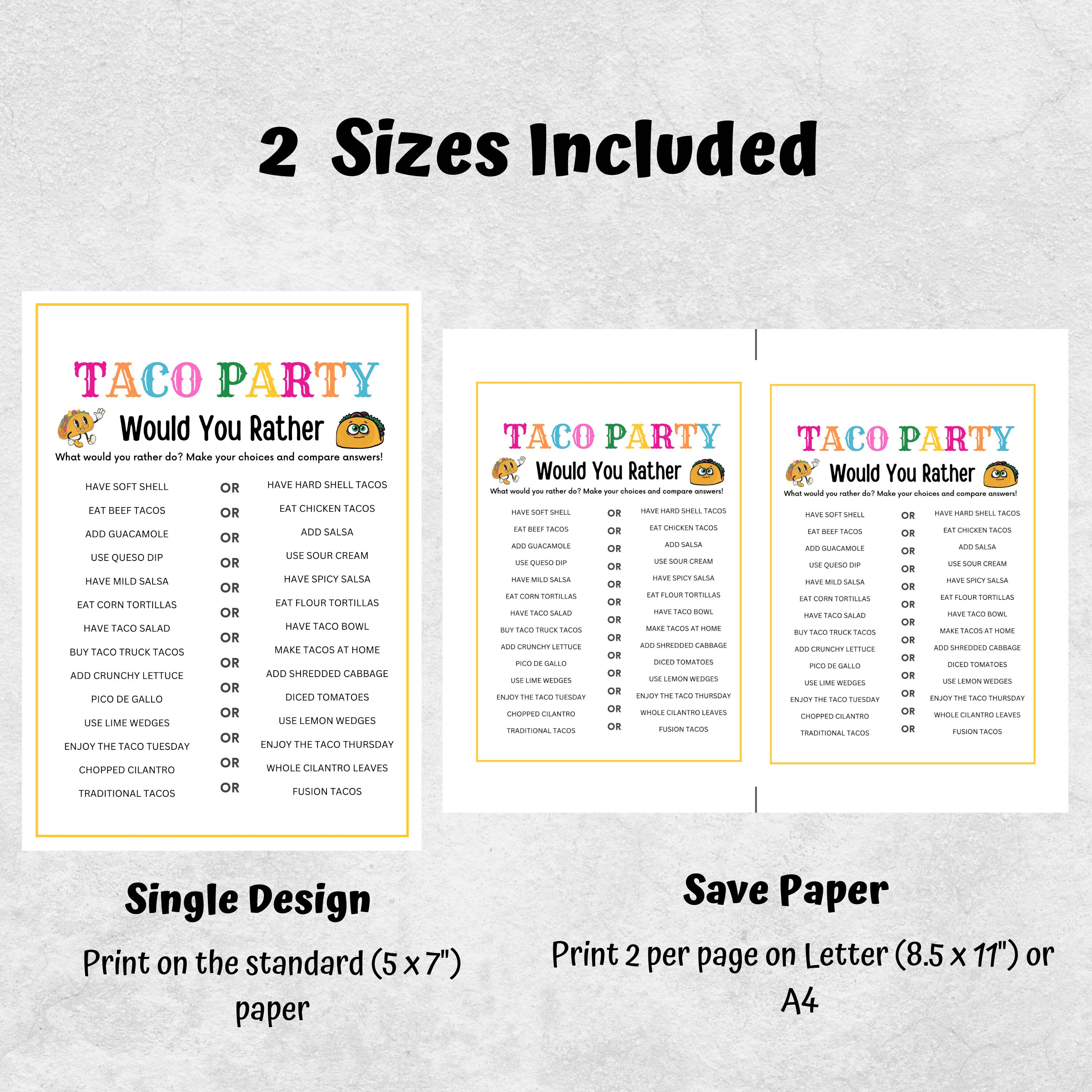 Taco Party Games, Would You Rather, Taco Tuesday Game, Taco Themed ...