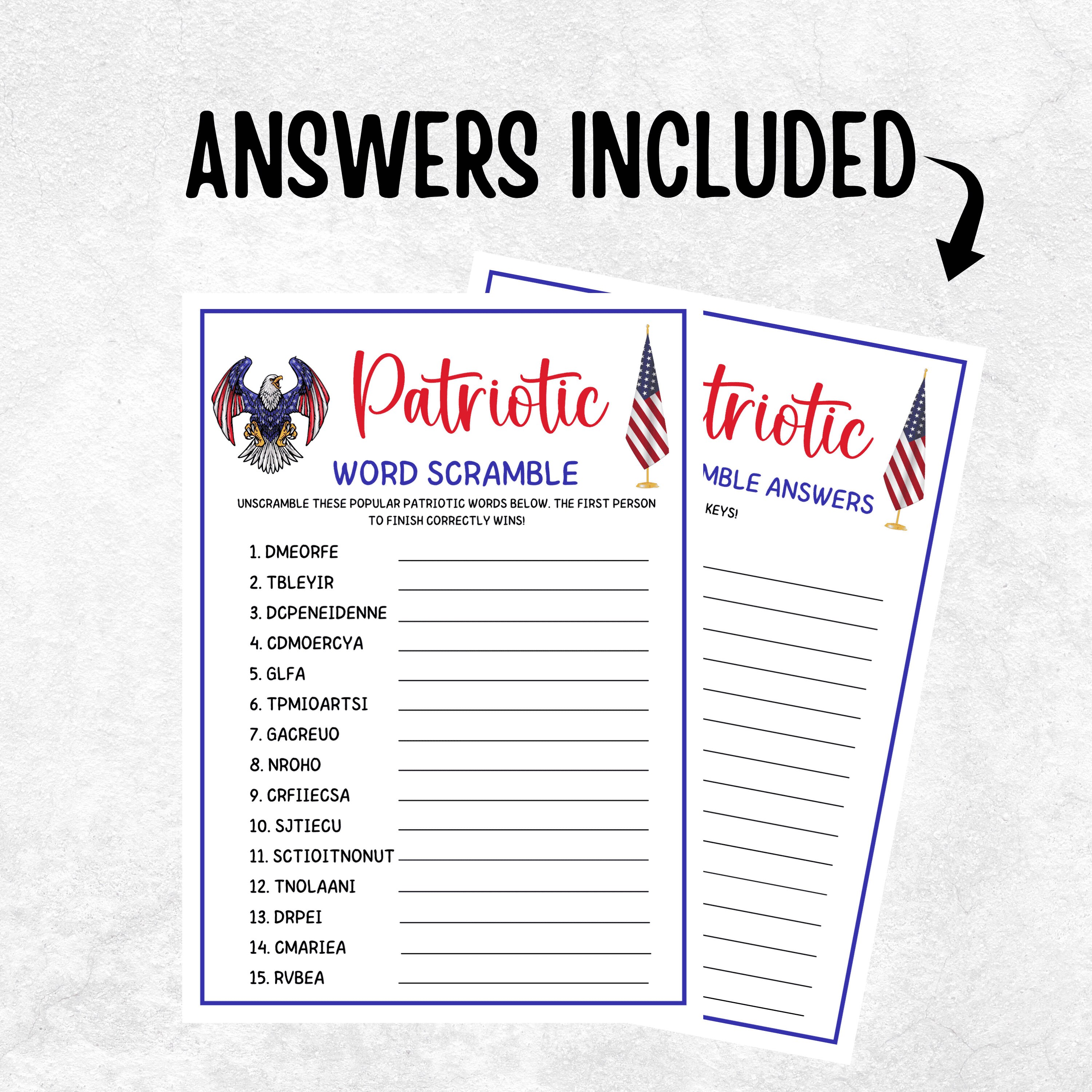 Patriotic Games, Patriotic Word Scramble, Printable Patriotic Games for ...