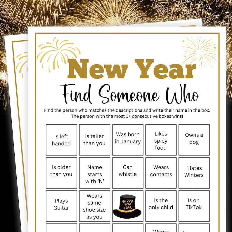New Year Games, Find Someone Who BINGO, New Year Party Game, New Year's ...