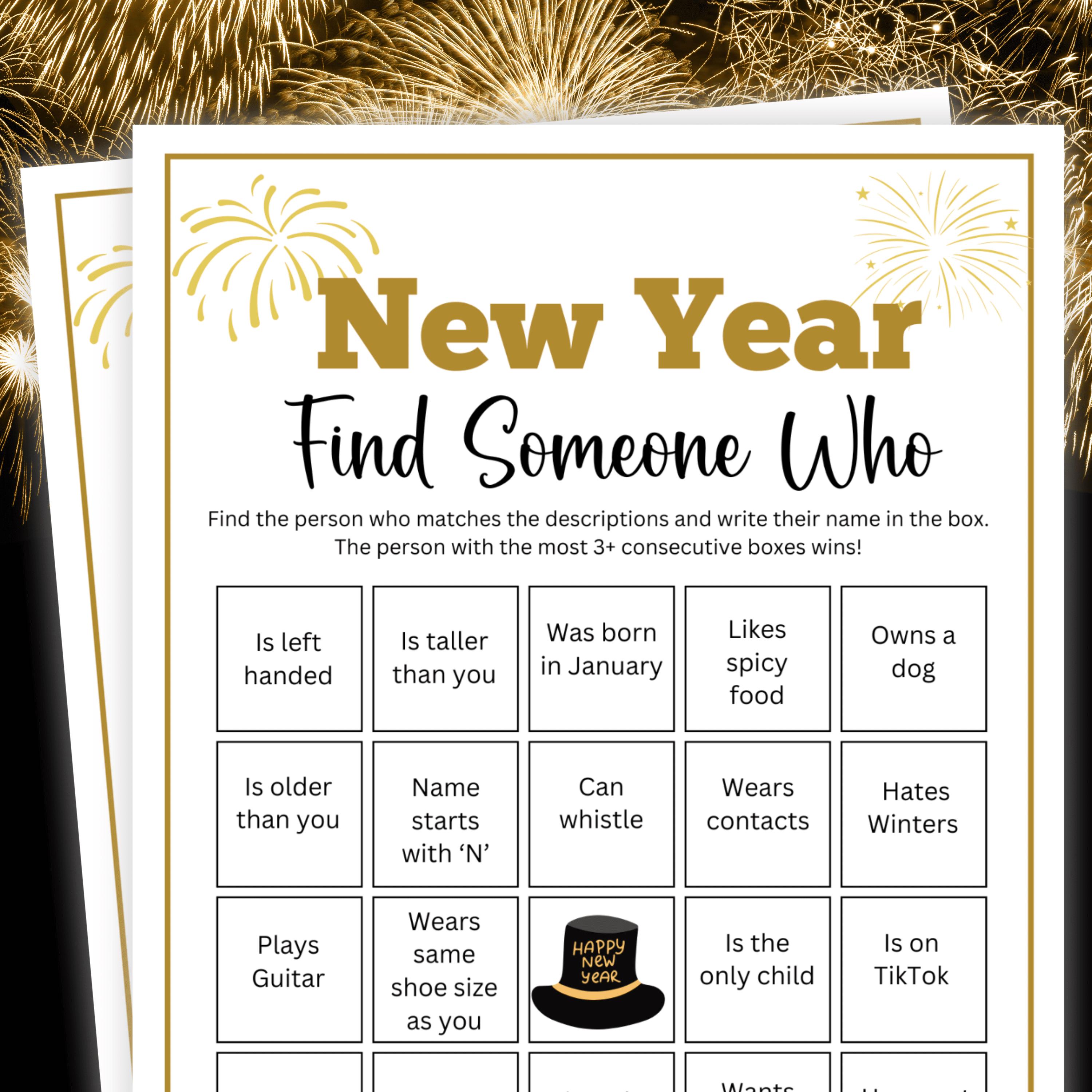 New Year Games, Find Someone Who BINGO, New Year Party Game, New Year's ...
