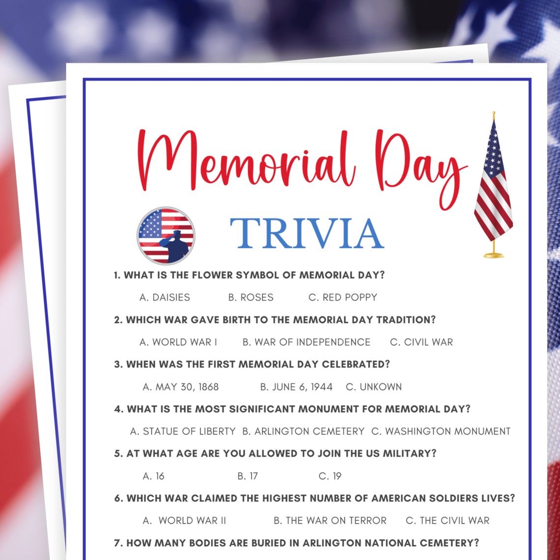 Memorial Day Trivia, Memorial Day Games, Memorial Day Party Game for ...