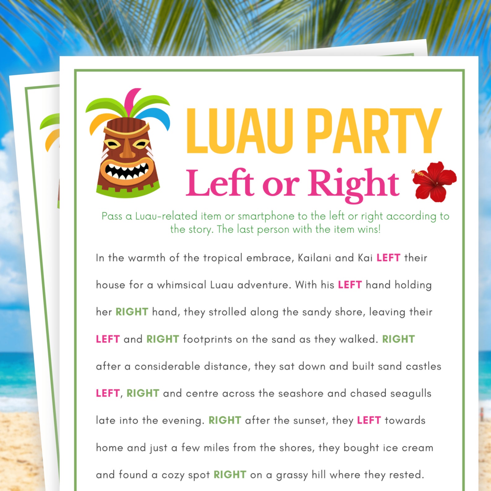 Luau Games, Left or Right, Luau Party Games, Tiki Party Games, Hawaiian ...
