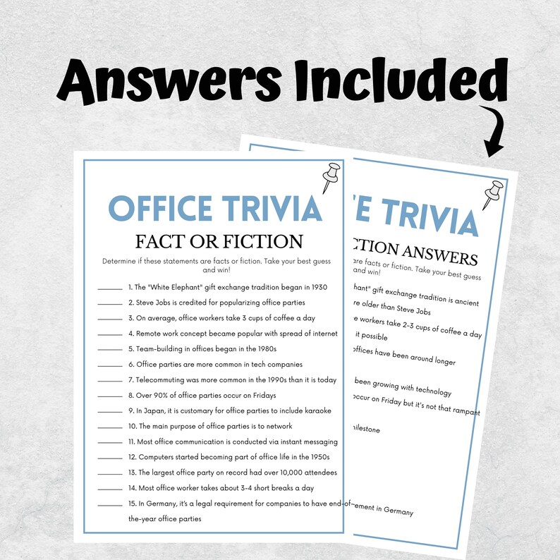 Office Trivia, Office Fact or Fiction Trivia, Work Party Games, Happy ...