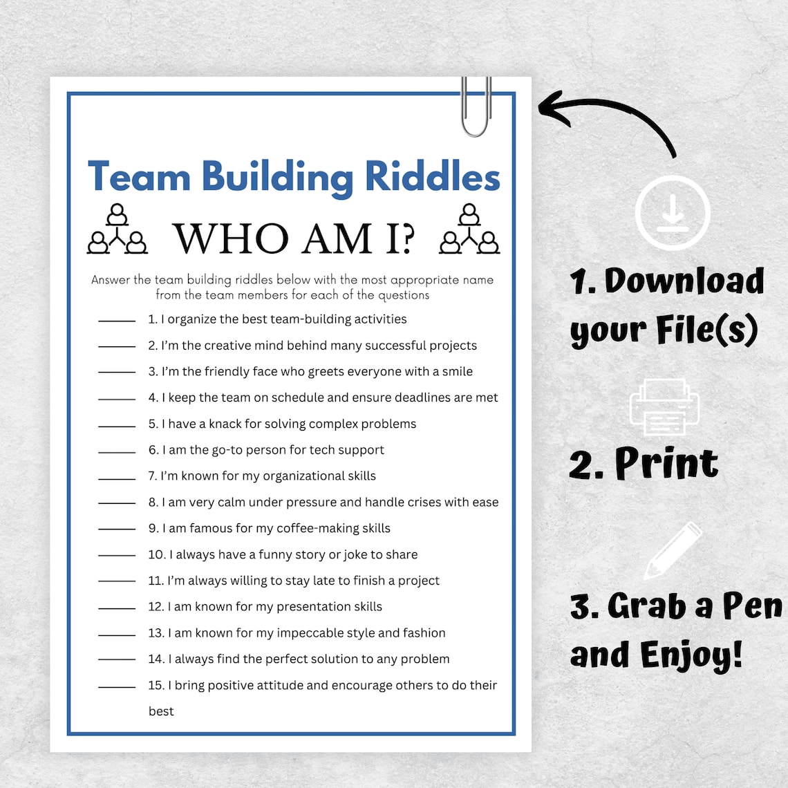 Team Building Games, Who Am I Riddles, Team Building Trivia, Party ...
