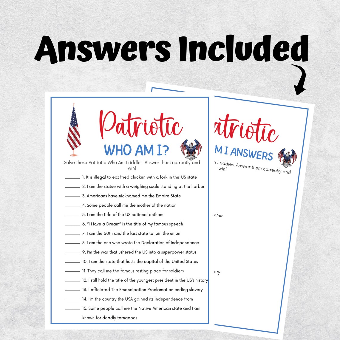 Patriotic Riddles, Who Am I, Patriotic Party Games, Patriotic Birthday ...