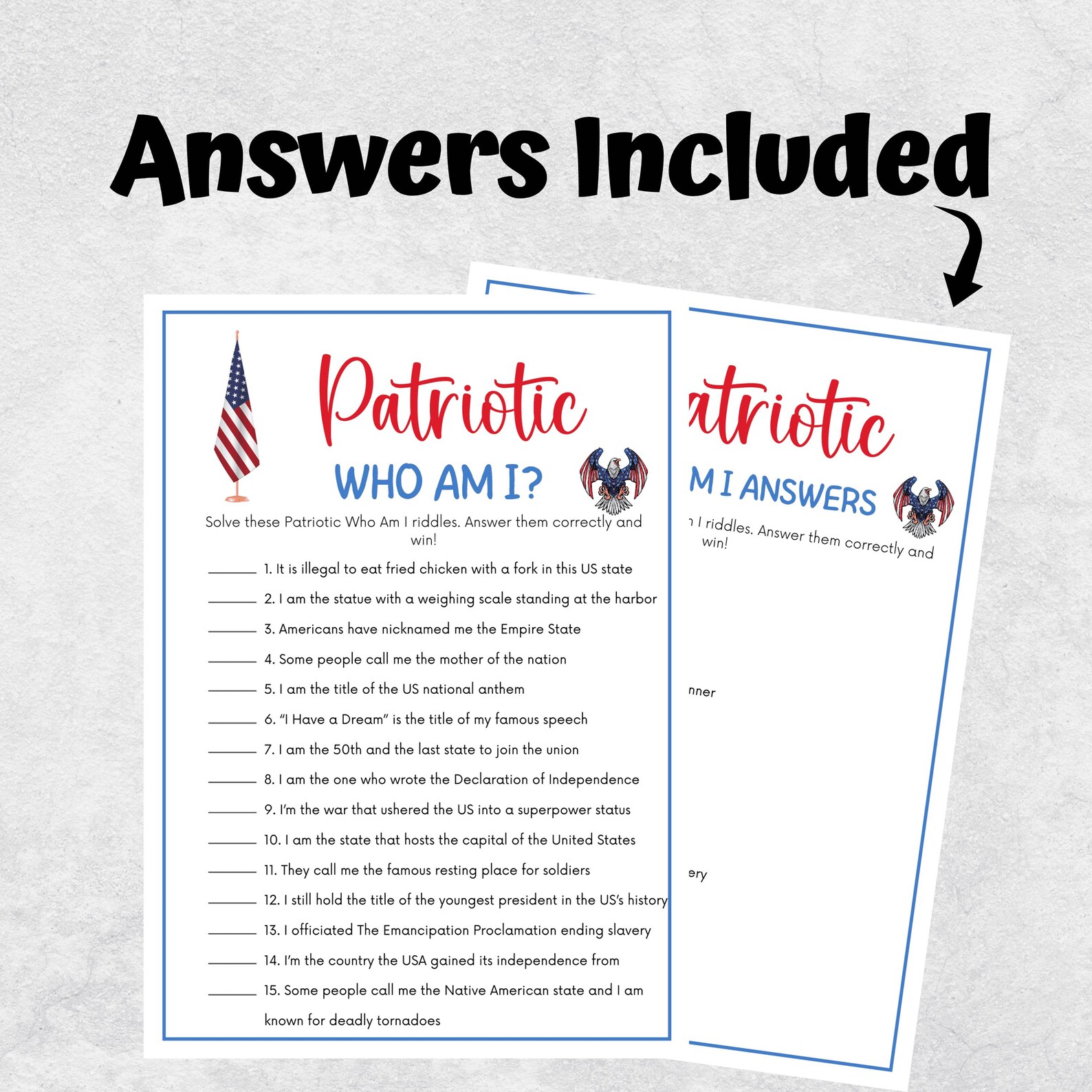 Patriotic Riddles, Who Am I, Patriotic Party Games, Patriotic Birthday ...