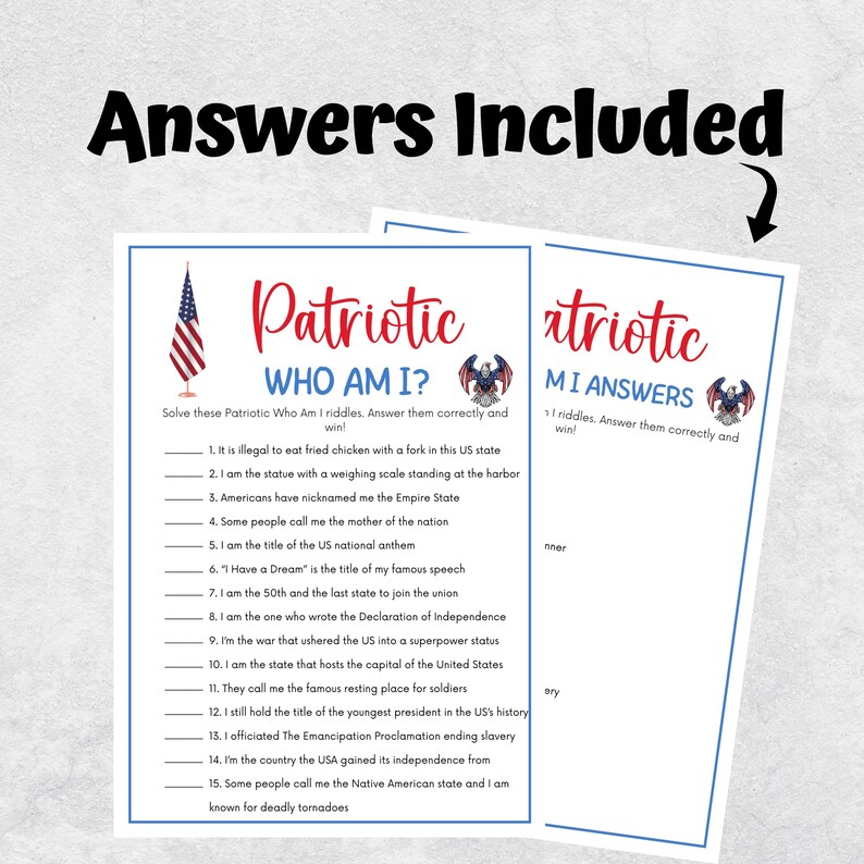 Patriotic Riddles, Who Am I, Patriotic Party Games, Patriotic Birthday ...
