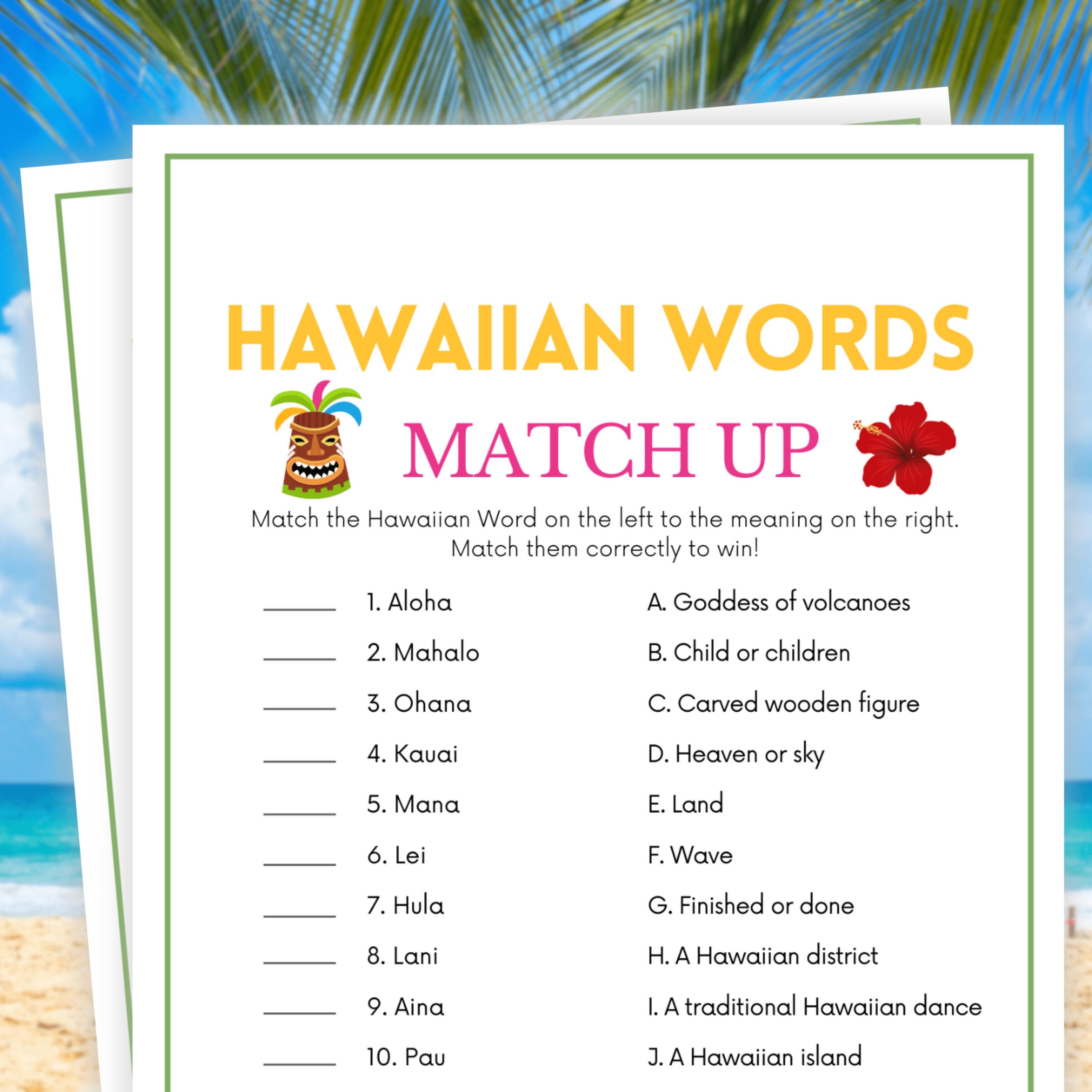 Hawaiian Word Match Up, Hawaii Trivia, Luau Party Games, Aloha Party ...