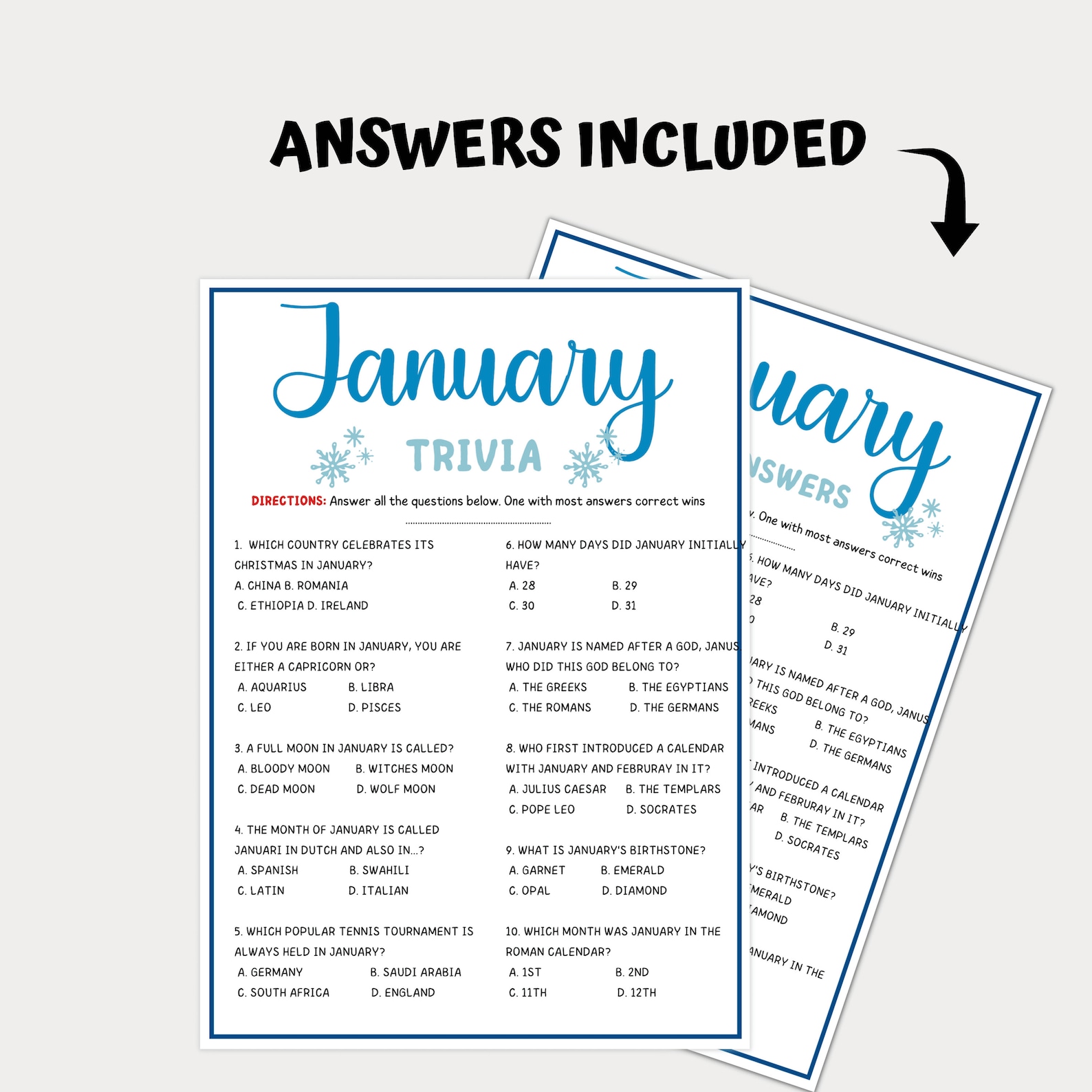 January Trivia Game, Trivia Games for Kids and Adults, Printable ...
