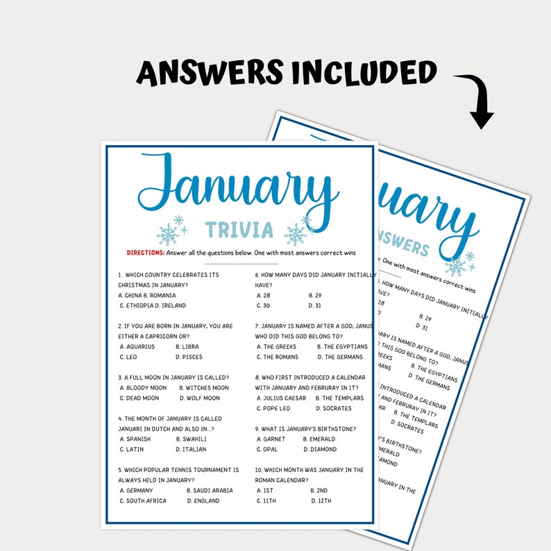 January Trivia Game, Trivia Games for Kids and Adults, Printable ...