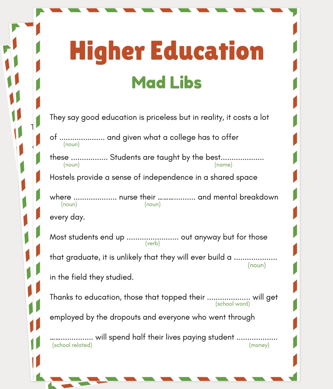 Mad Libs, Printable Word Game, Higher Education Mad Libs, Printable Mad ...