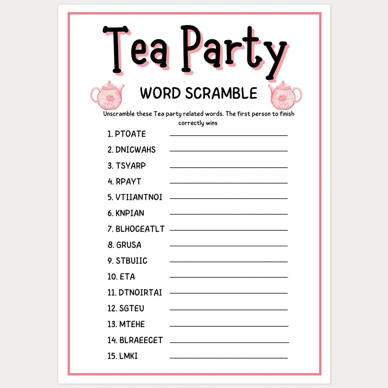 Tea Party Word Scramble Printable Tea Party Games Ladies Tea Party ...