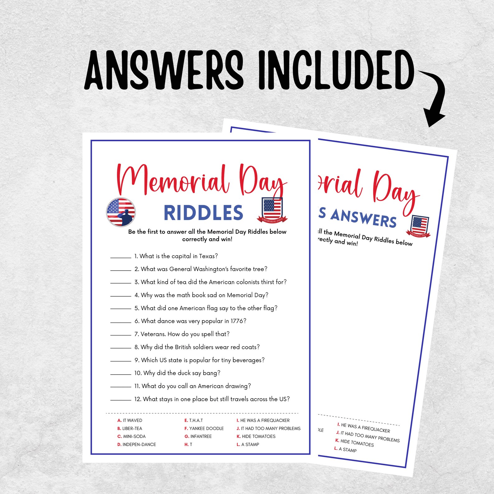 Memorial Day Games, Memorial Day Riddles, Memorial Day Party Game for ...