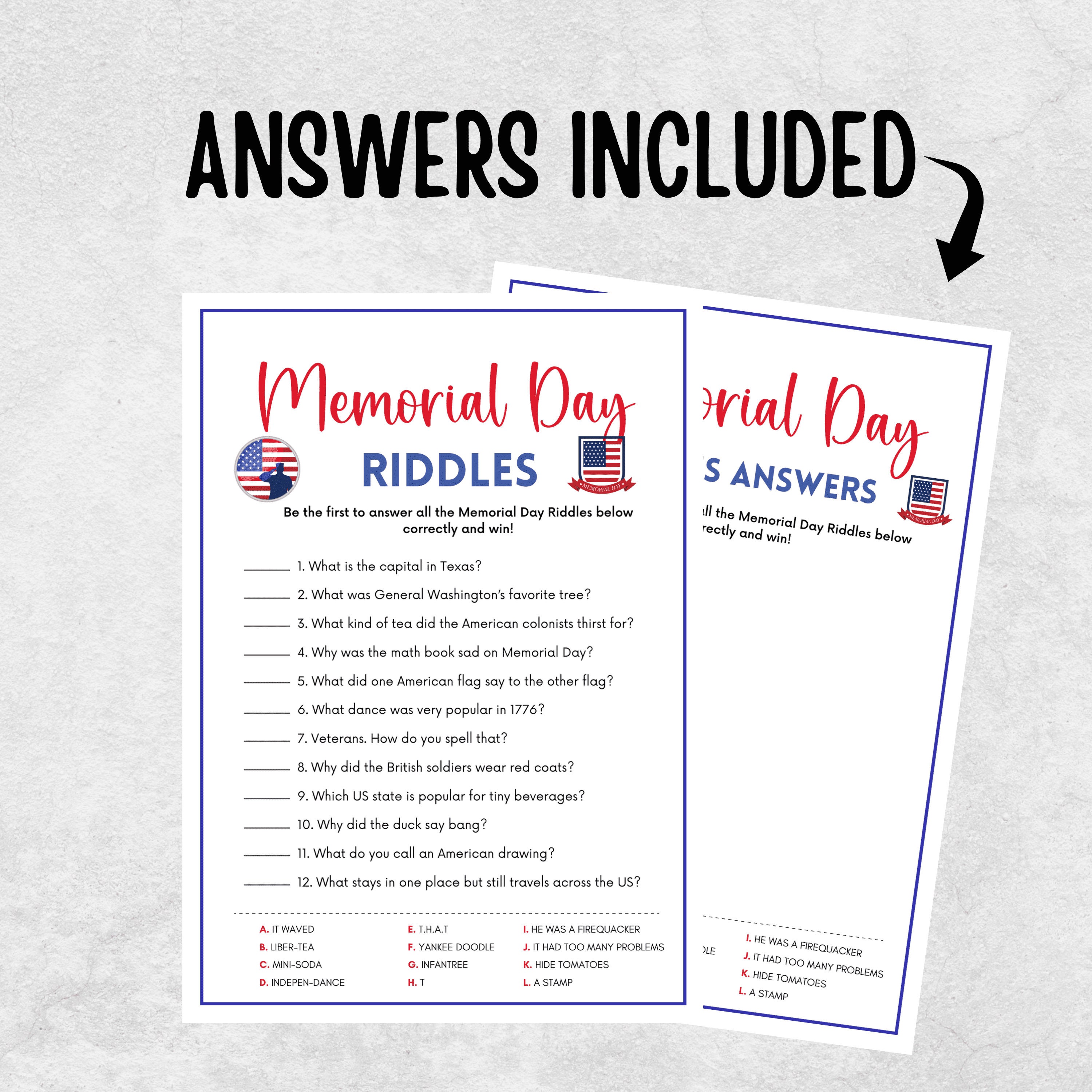 Memorial Day Games, Memorial Day Riddles, Memorial Day Party Game for ...