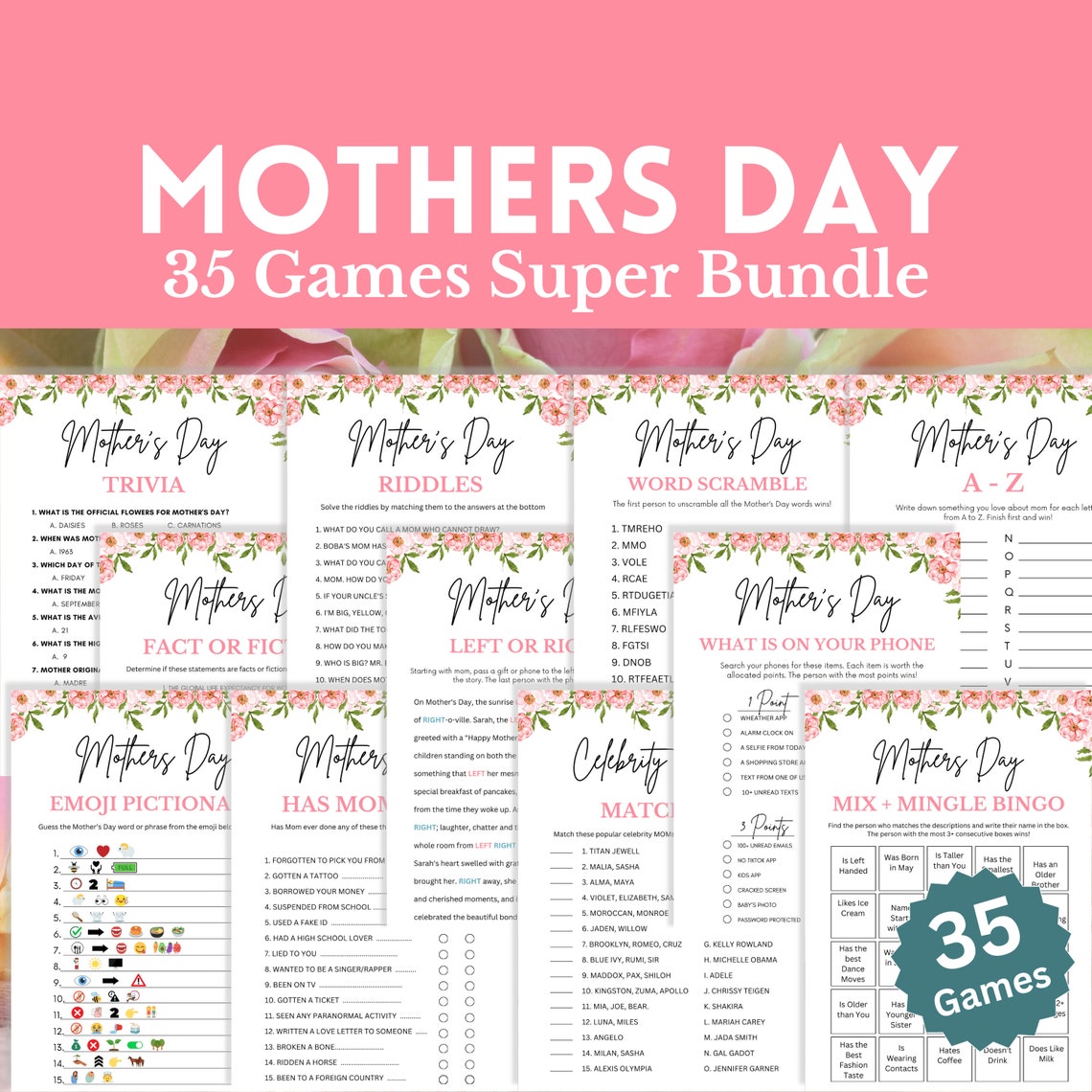 Mothers Day Games Bundle, 35 Games SUPER Bundle, Mothers Day Party ...