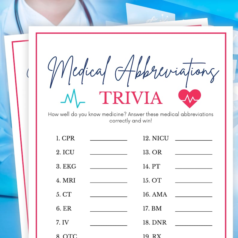 Medical Trivia, Medical Abbreviations Trivia, Medical Party Games for ...