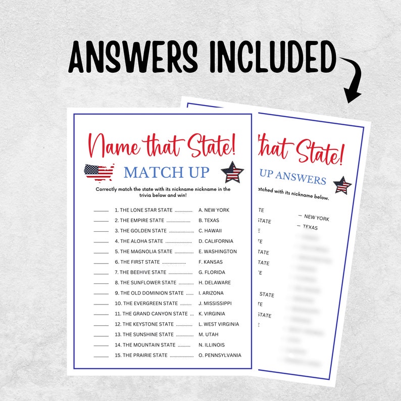 Patriotic Party Games, American States Match Up, 4th of July Games ...