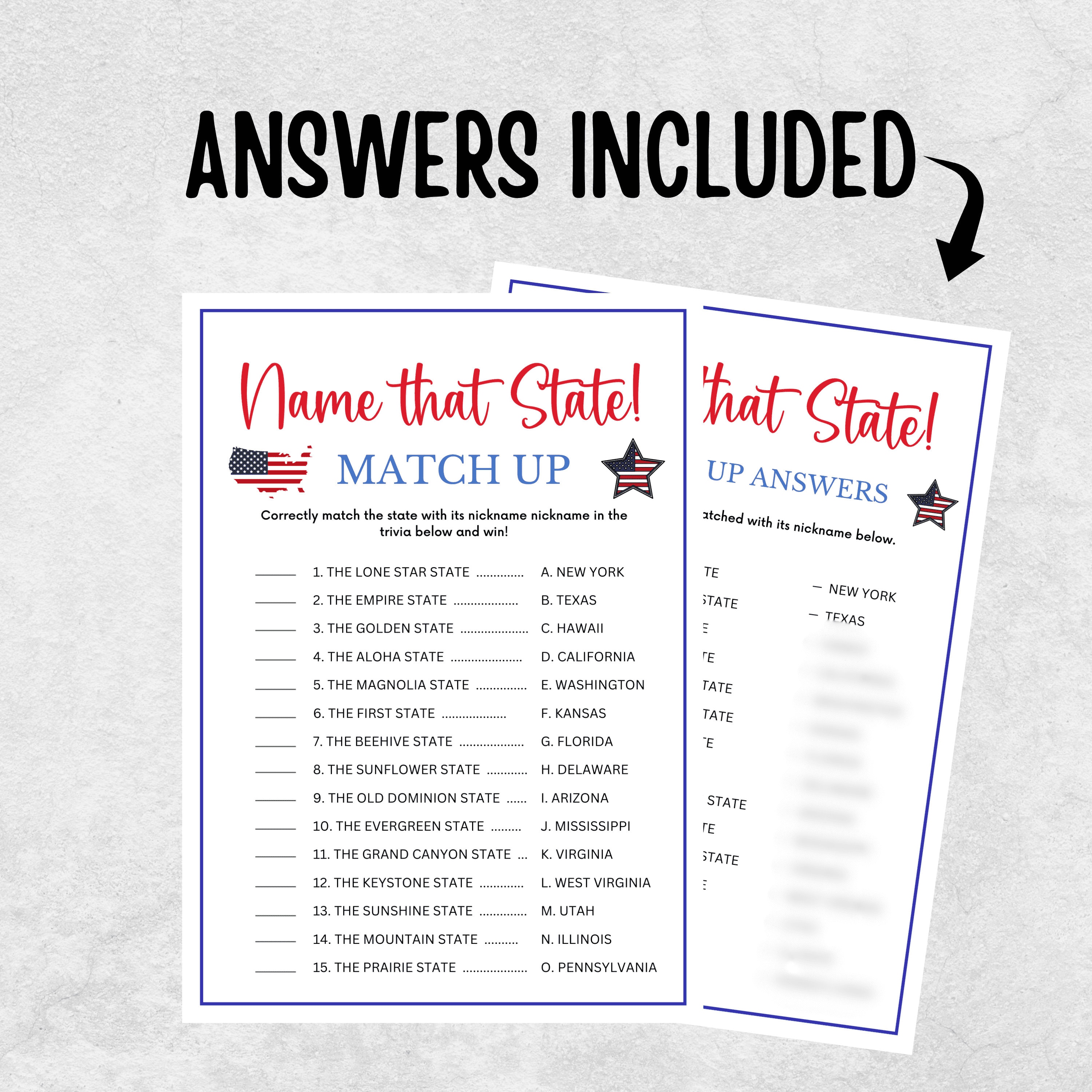 Patriotic Party Games, American States Match Up, 4th of July Games ...