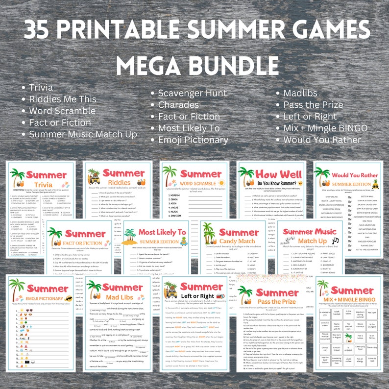 Summer Games Bundle, 35 Game MEGA Bundle, Sumer Party Games for Kids ...