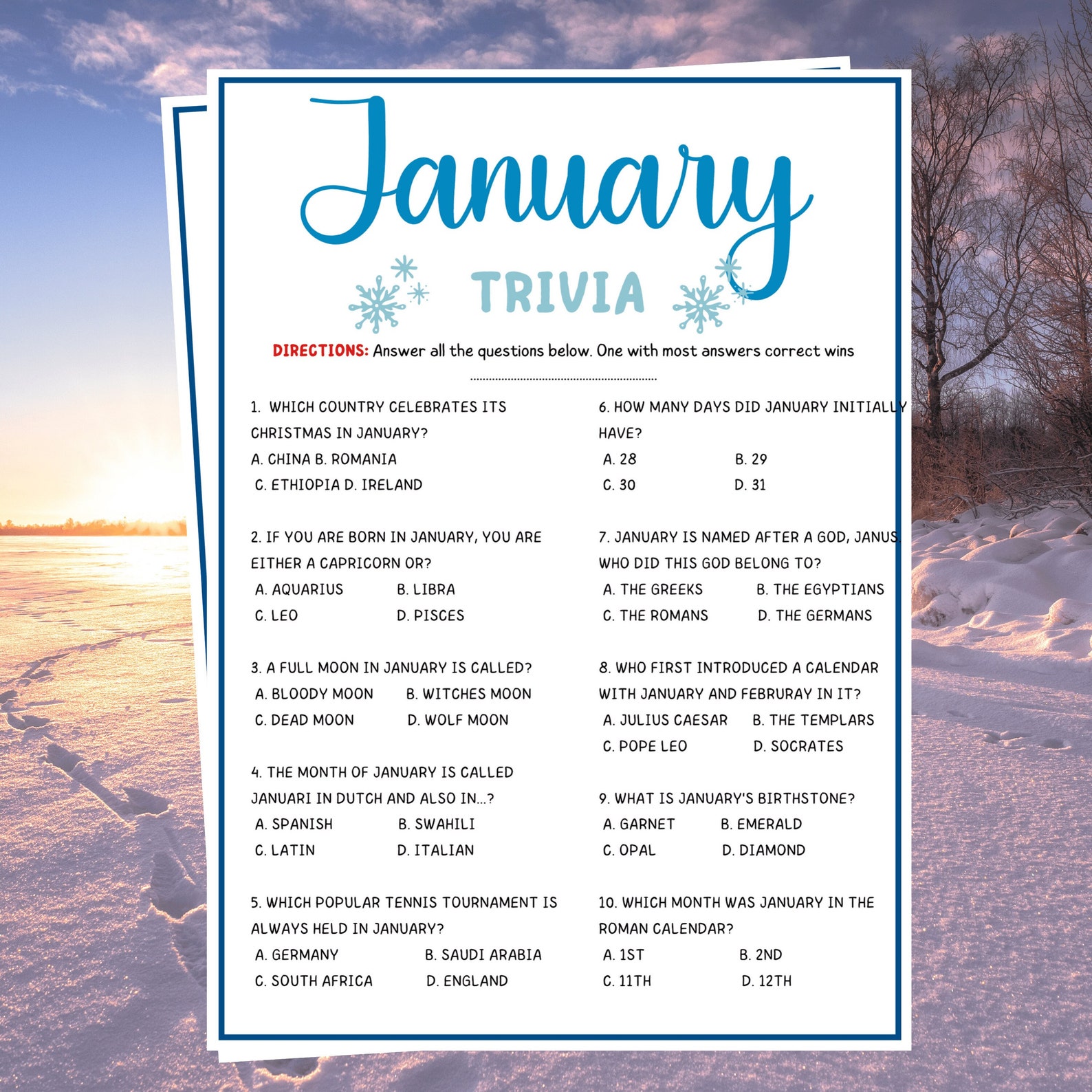 January Trivia Game, Trivia Games for Kids and Adults, Printable ...
