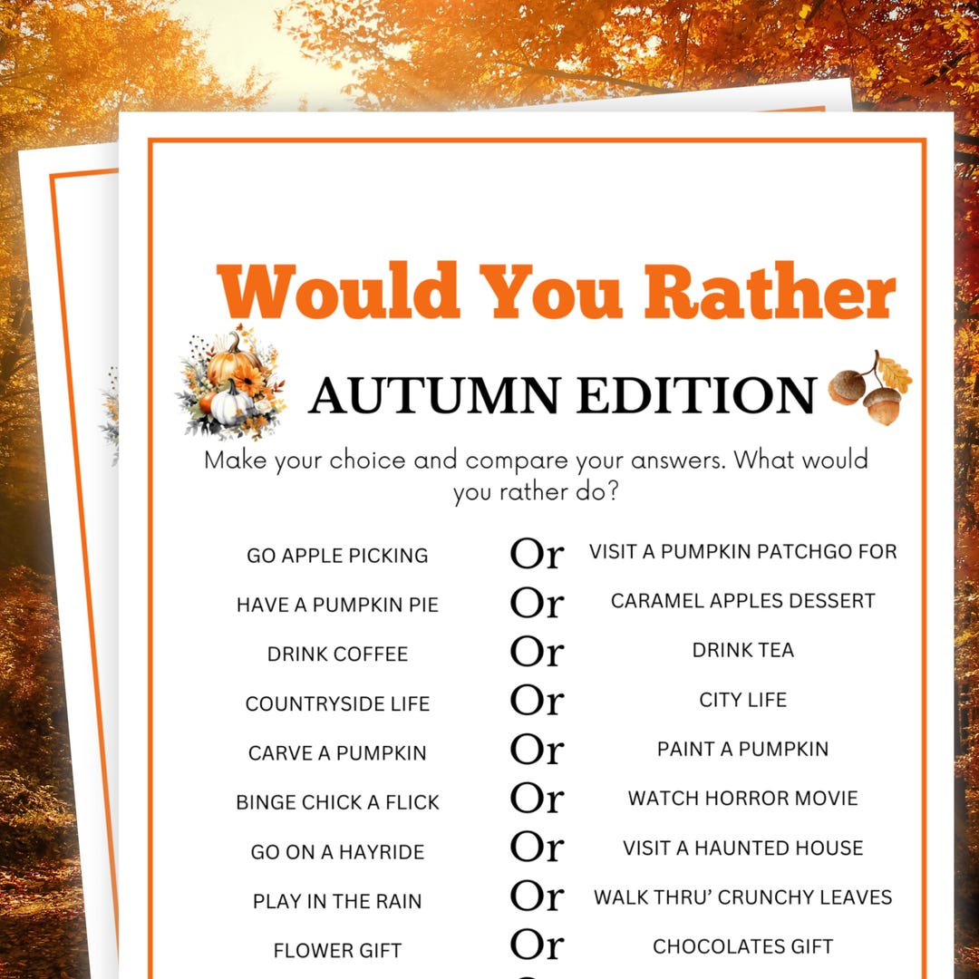 Fall Games, Would You Rather Questions Game, Fall Party Games, Autumn ...