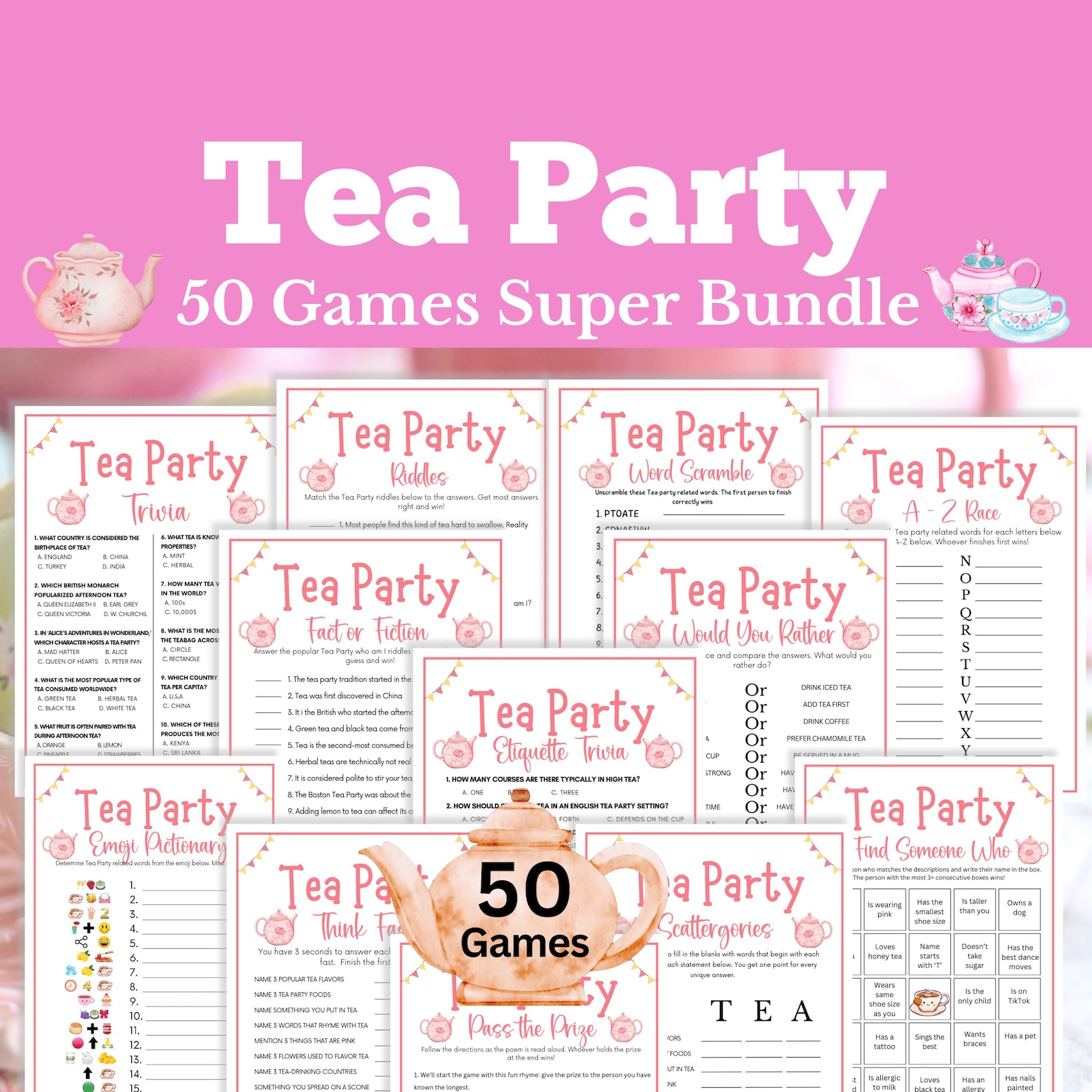 Tea Party Games Bundle, 50 Games SUPER Bundle, Ladies Tea Party Games ...