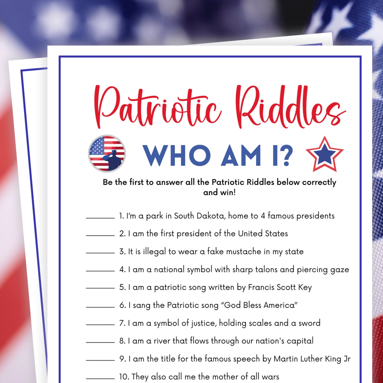 Patriotic Trivia, Who Am I Riddles, Memorial Day Party Game, Labor Day ...