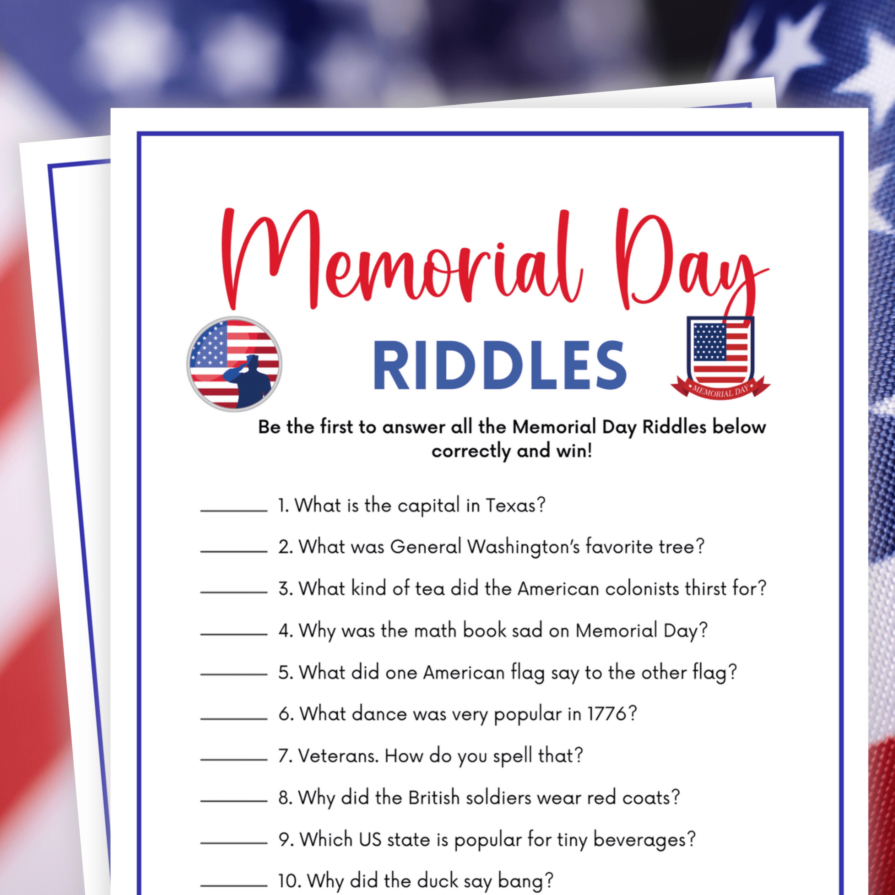 Memorial Day Games, Memorial Day Riddles, Memorial Day Party Game for ...