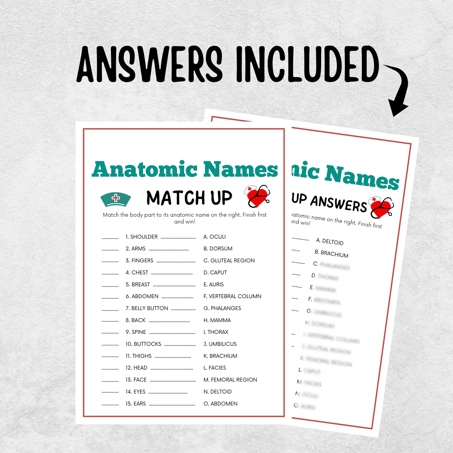 Nurse Games, Anatomic Names Match Up, Nurse Party Games, Nurse ...