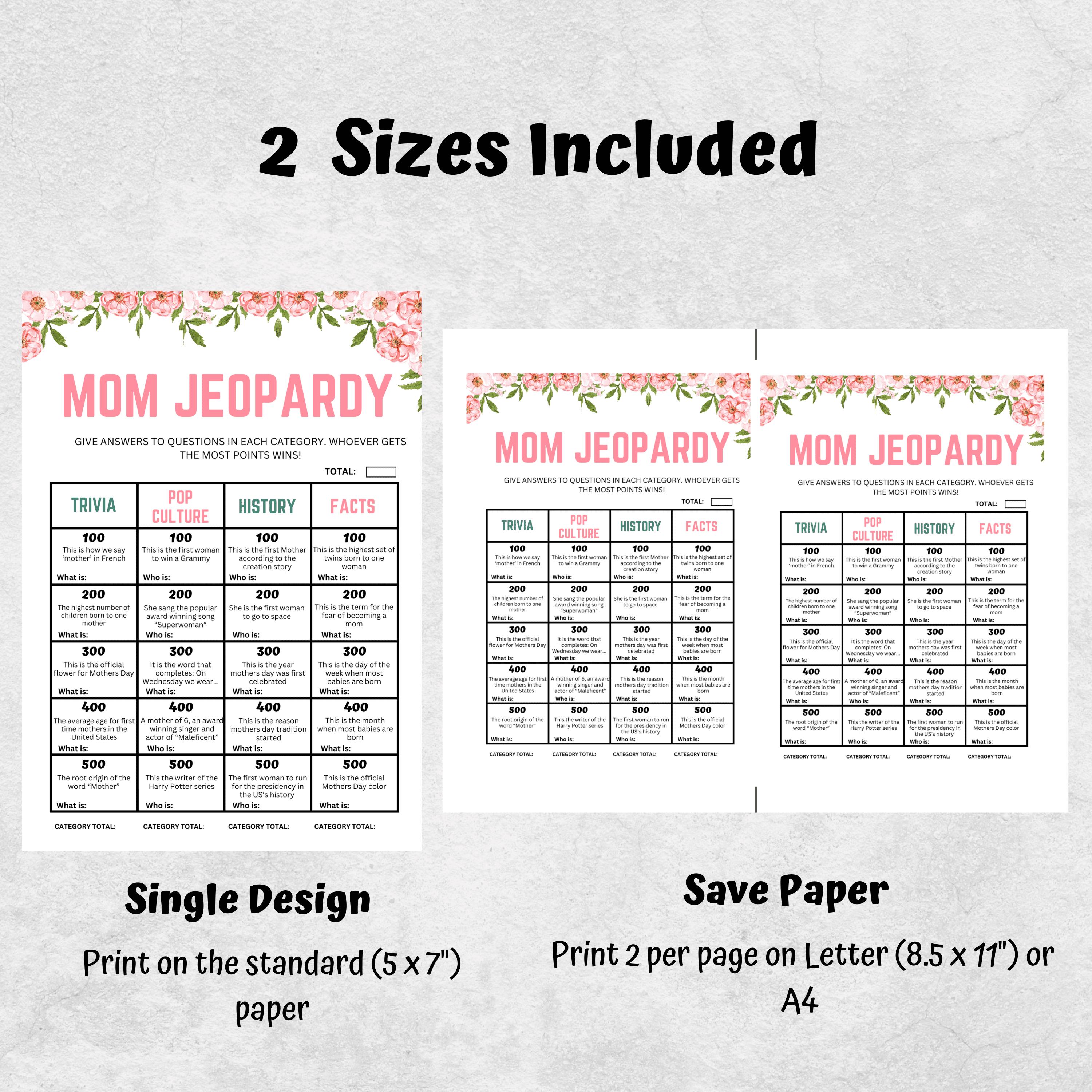 Mom Jeopardy, Mothers Day Trivia, Jeopardy, Mothers Day Party Games for ...