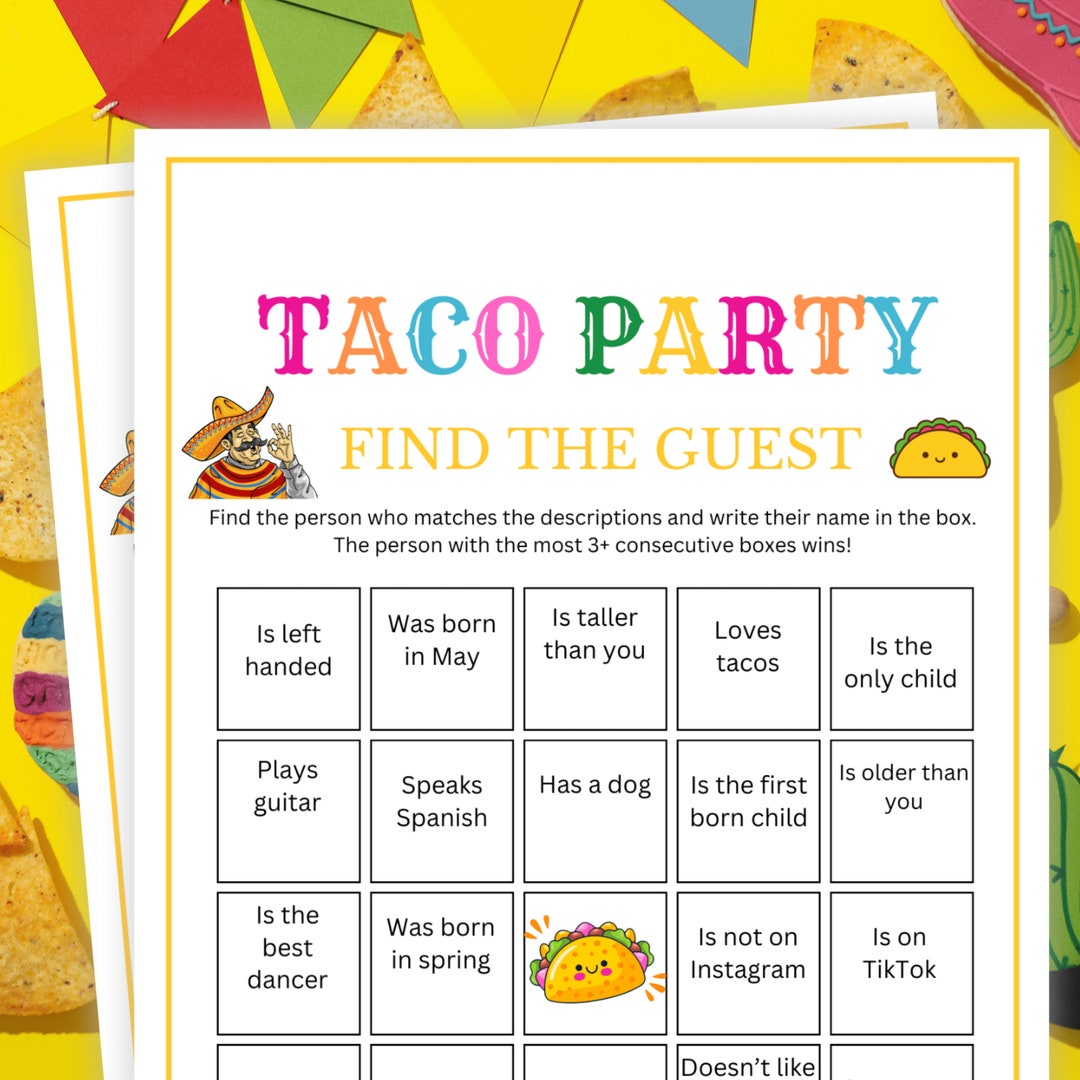 Taco Party Games, Find the Guest BINGO, Taco Games, Mix and Mingle ...