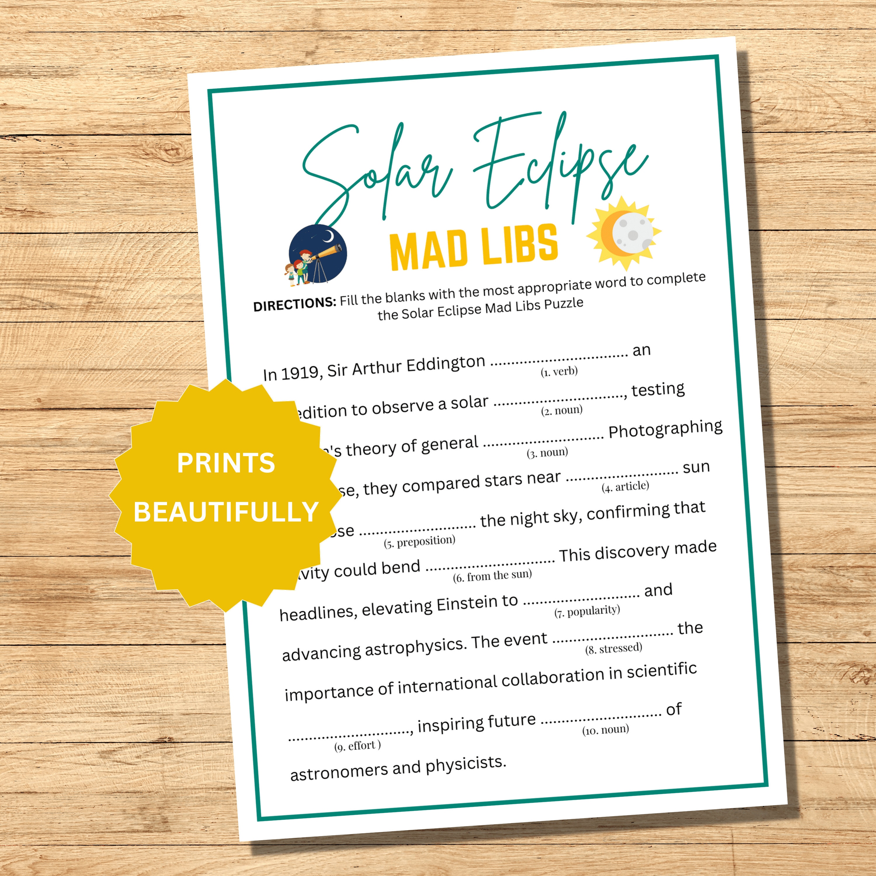 Solar Eclipse Mad Libs, Solar Eclipse Games for Kids, Family, Seniors ...