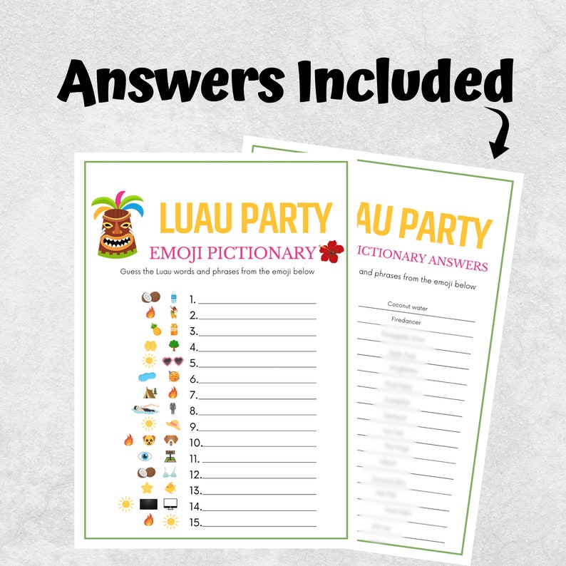 Luau Party Games, Emoji Pictionary, Luau Trivia, Tiki Party Games ...
