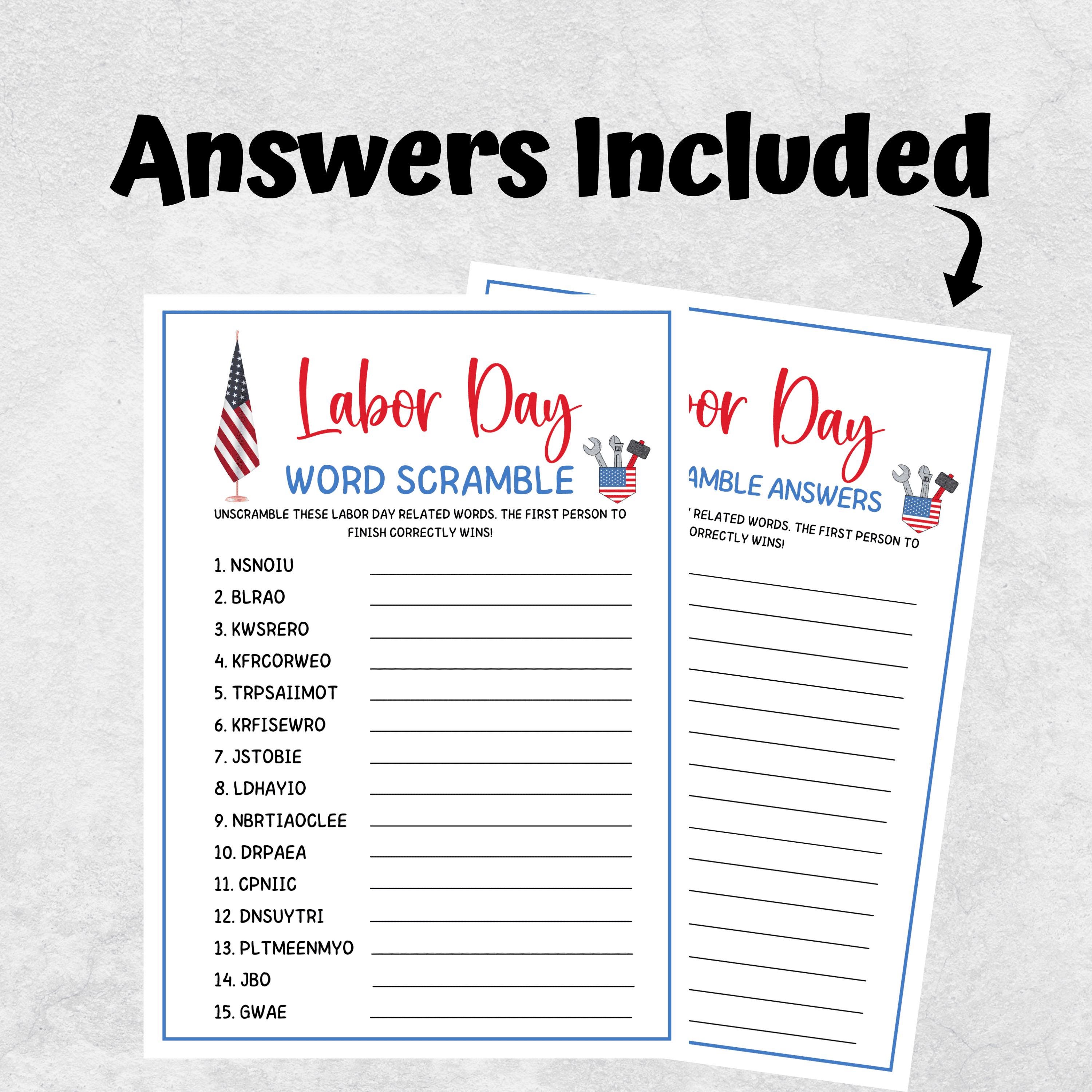 Labor Day Games, Word Scramble, Labor Day , Patriotic Games, USA Party ...