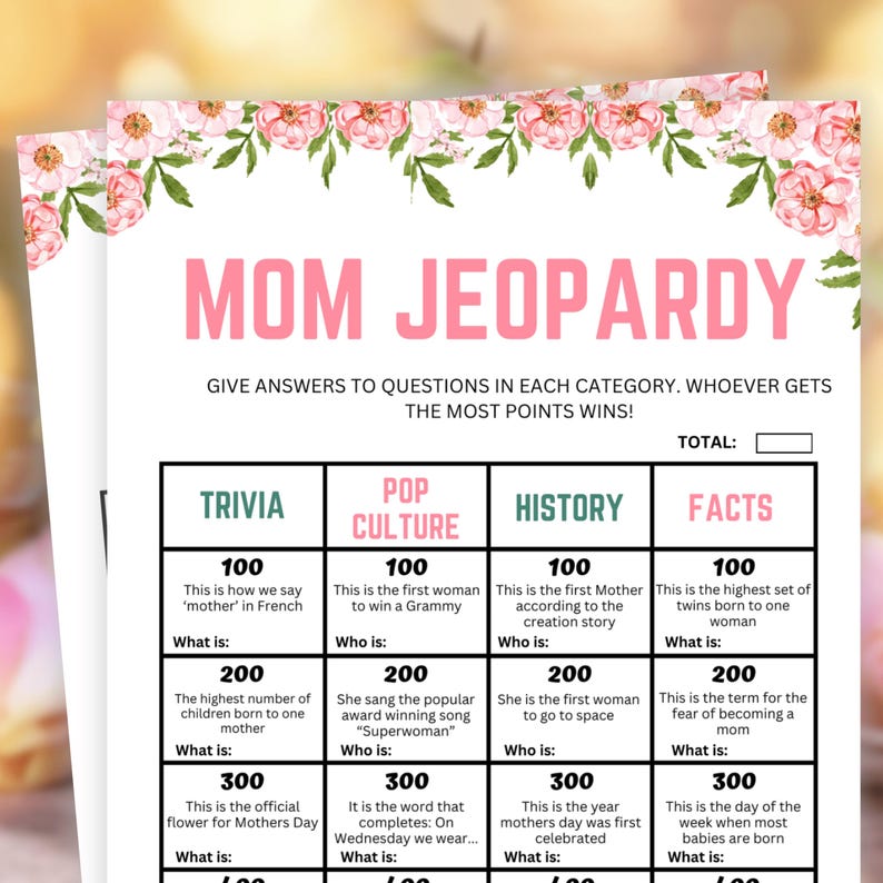 Mom Jeopardy, Mothers Day Trivia, Jeopardy, Mothers Day Party Games for ...