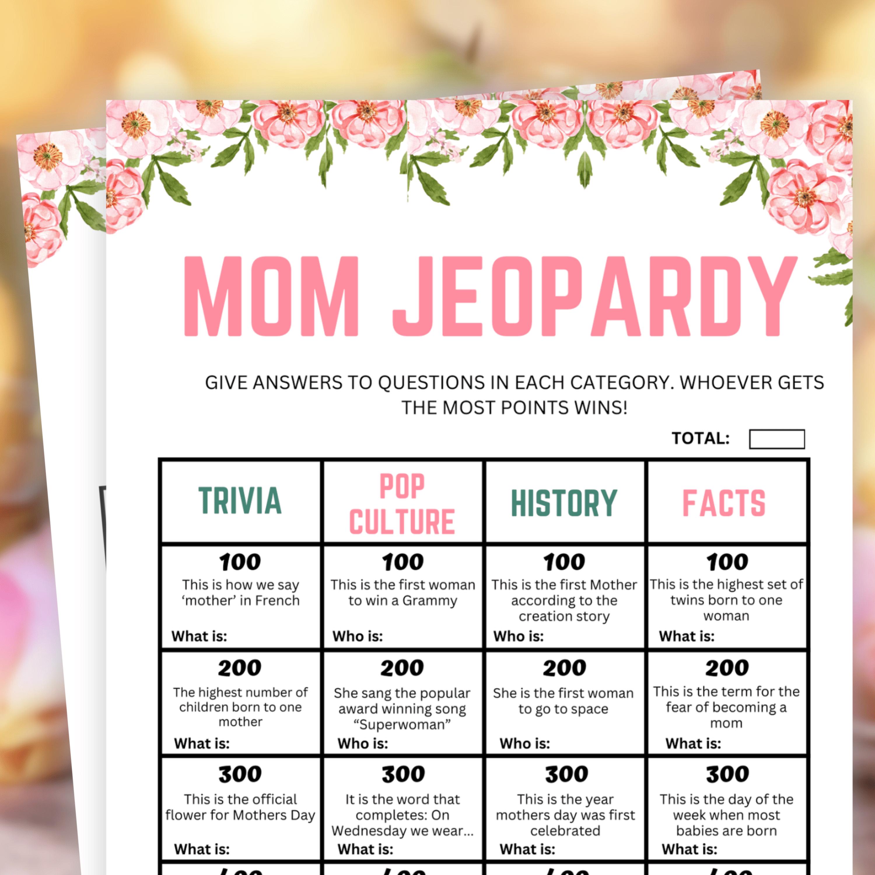 Mom Jeopardy, Mothers Day Trivia, Jeopardy, Mothers Day Party Games for ...