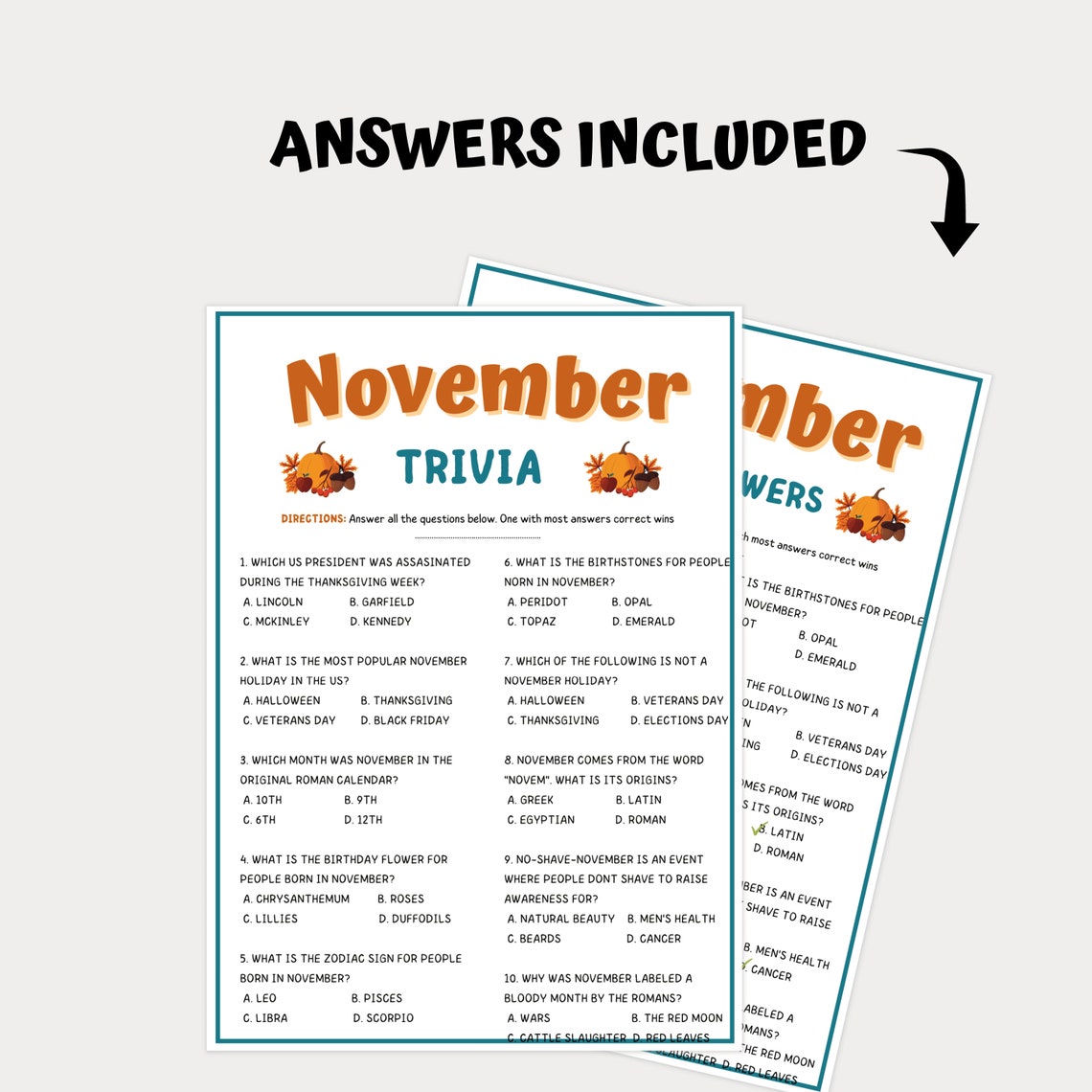 November Trivia, November Games, Fall Games, November Birthday Party ...